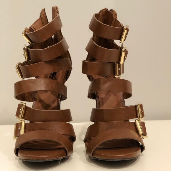 Mossimo Supply Co. | Shoes | Tan Strappy Stilettos With Gold Buckle ...